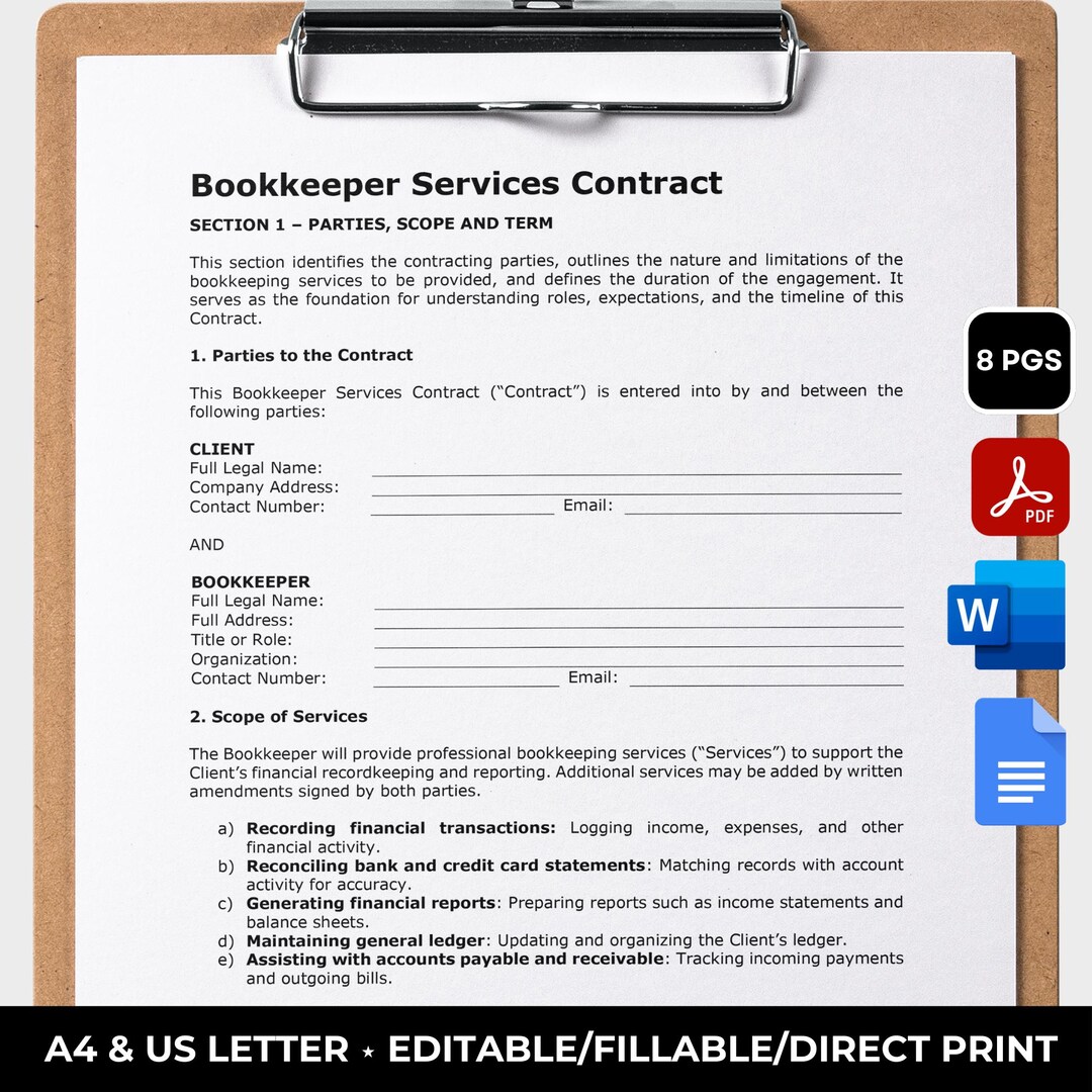 Bookkeeper Services Contract Template Bookkeeping Contract Editable ...