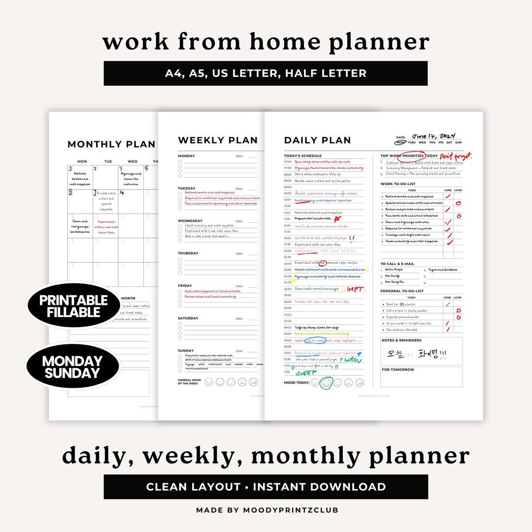 Work From Home Planner Printable, Daily Planner, Weekly Planner ...