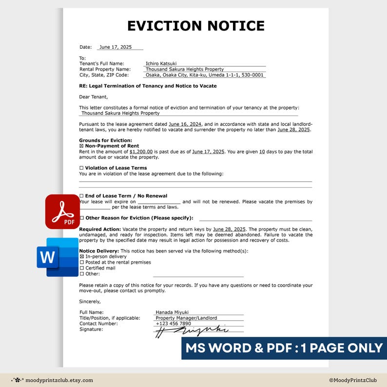 Eviction Notice Template Fillable Eviction Letter Printable Notice to ...