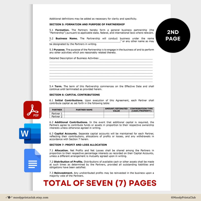 Business Partnership Agreement Template Editable Partnership Contract Printable Business ...