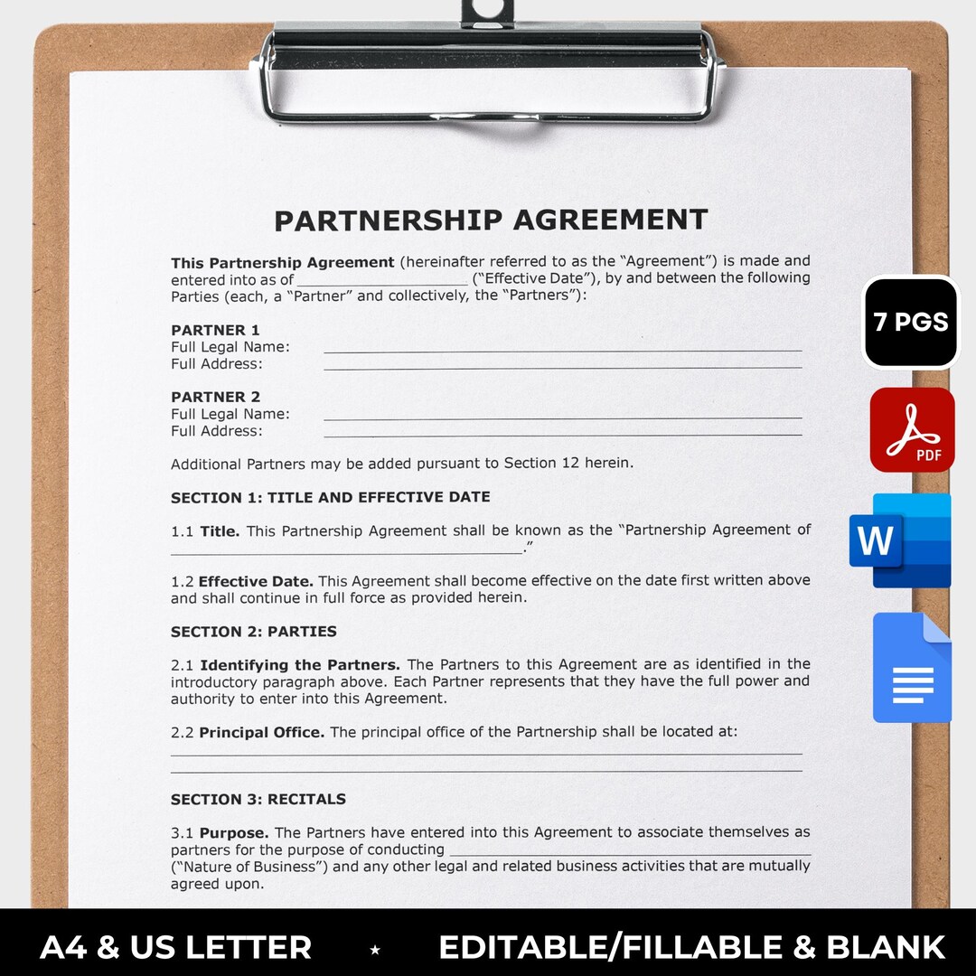 Business Partnership Agreement Template Editable Partnership Contract ...