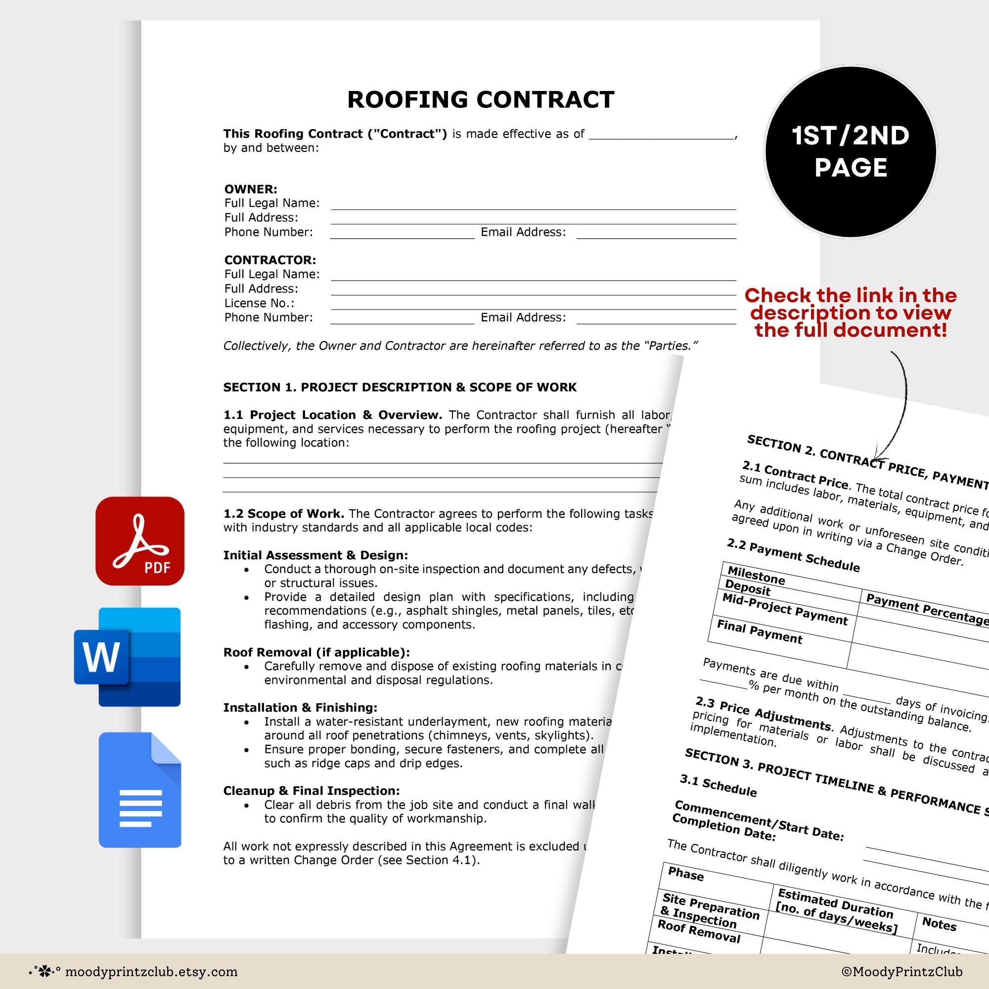 Roofing Contract Template Editable Roofing Agreement Roof Inspection ...