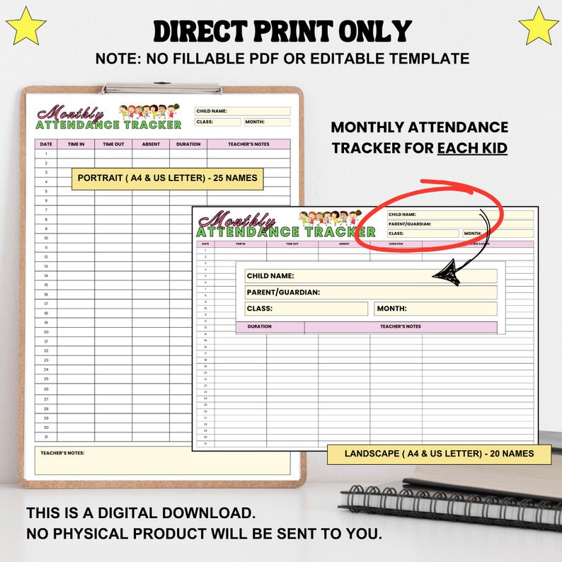 Monthly Attendance Tracker Sheet Log Printable Student Attendance ...