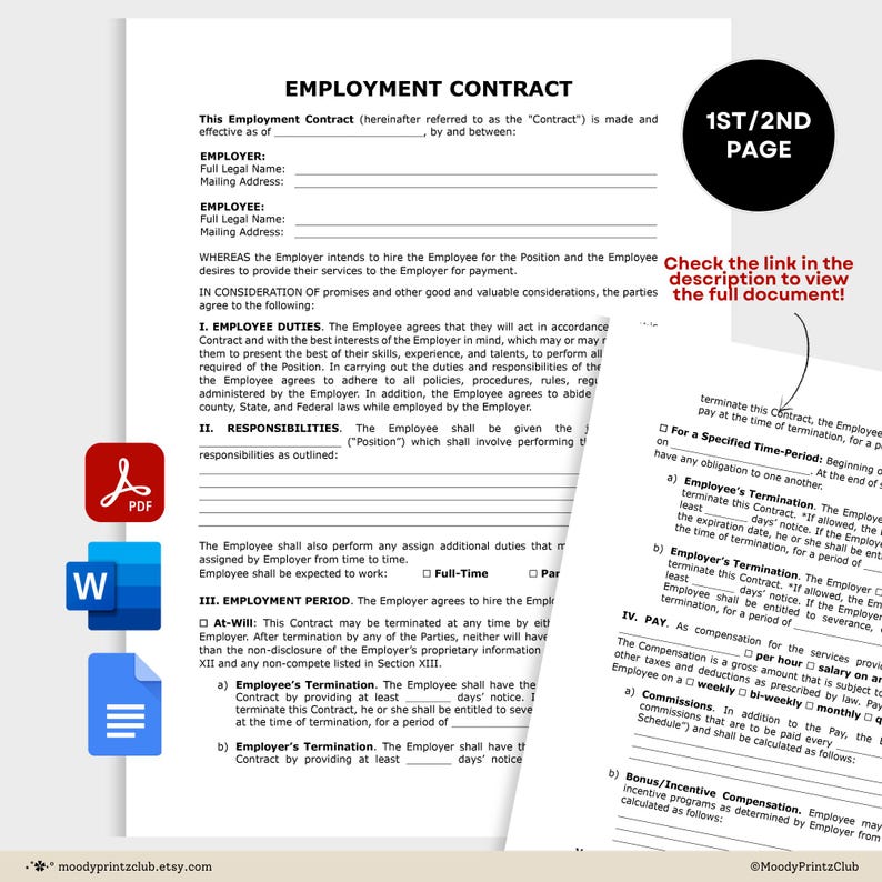 Employment Contract Template Editable Employment Agreement Services ...