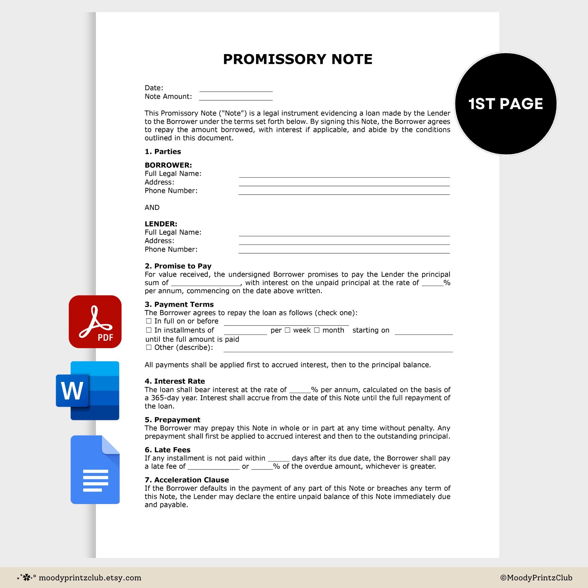Promissory Note Form Fillable Payment Agreement Promissory Note ...