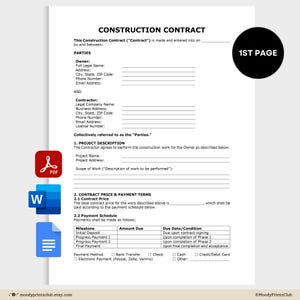 Construction Contract Template Editable Contractor Agreement Printable Contractor Document ...
