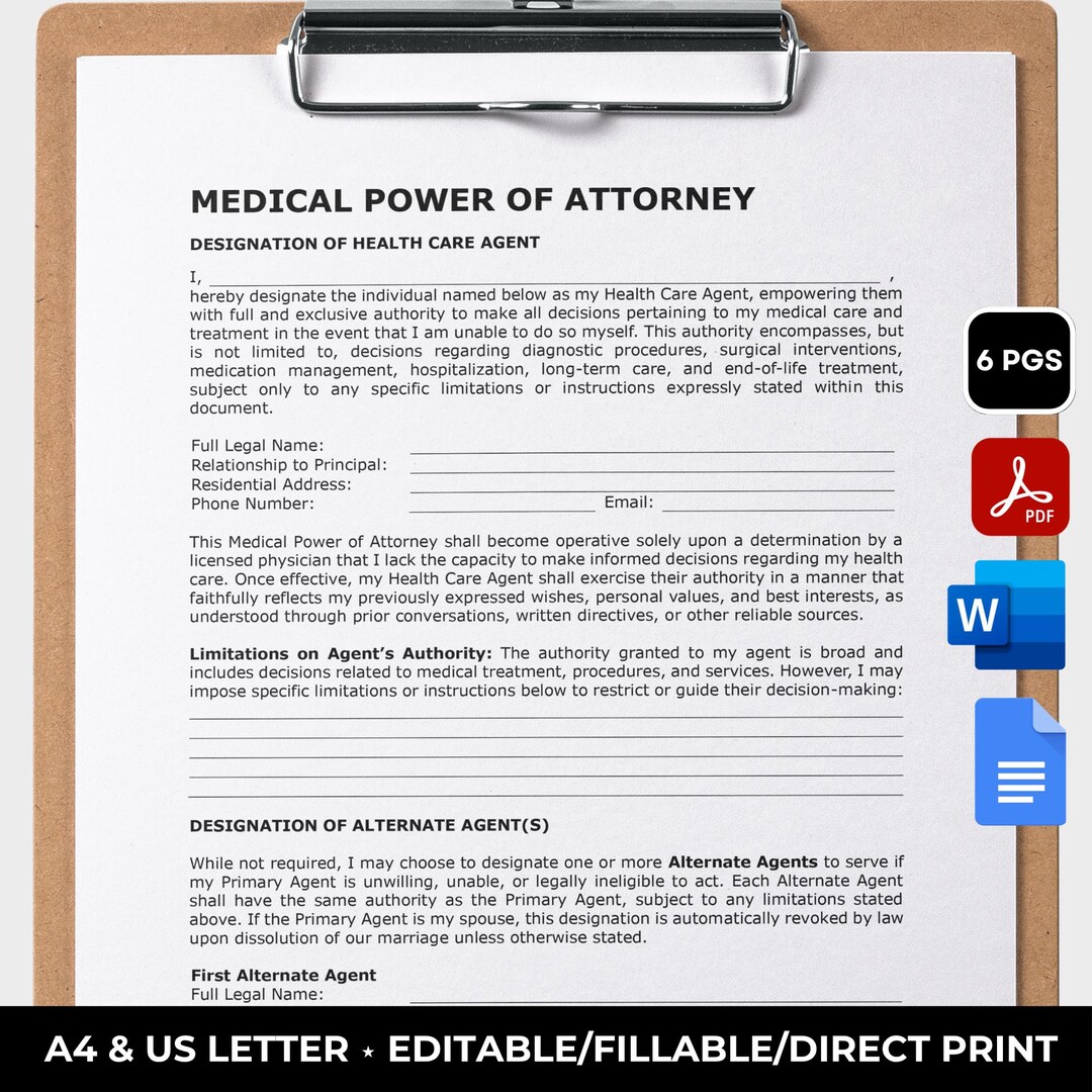 Medical Power of Attorney Editable Medical POA Template Healthcare POA ...