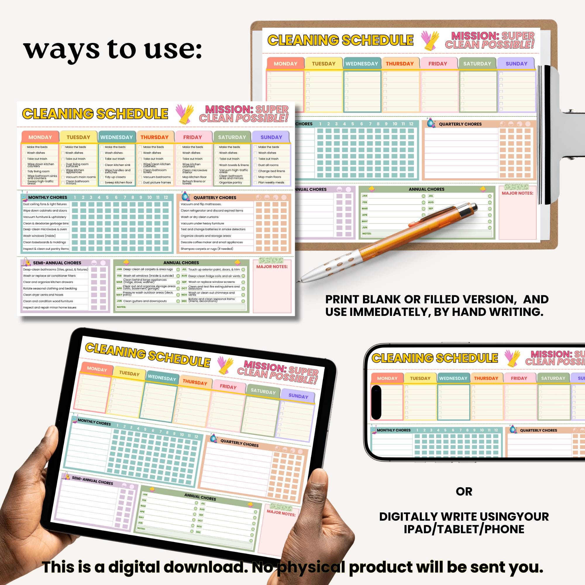 Editable House Cleaning Schedule Cleaning Planner Weekly Monthly Yearly ...