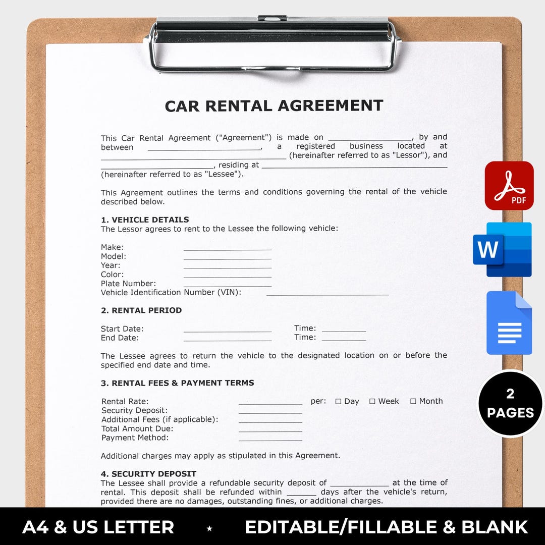 Car Rental Agreement Printable Vehicle Rental Agreement Vehicle Lease ...