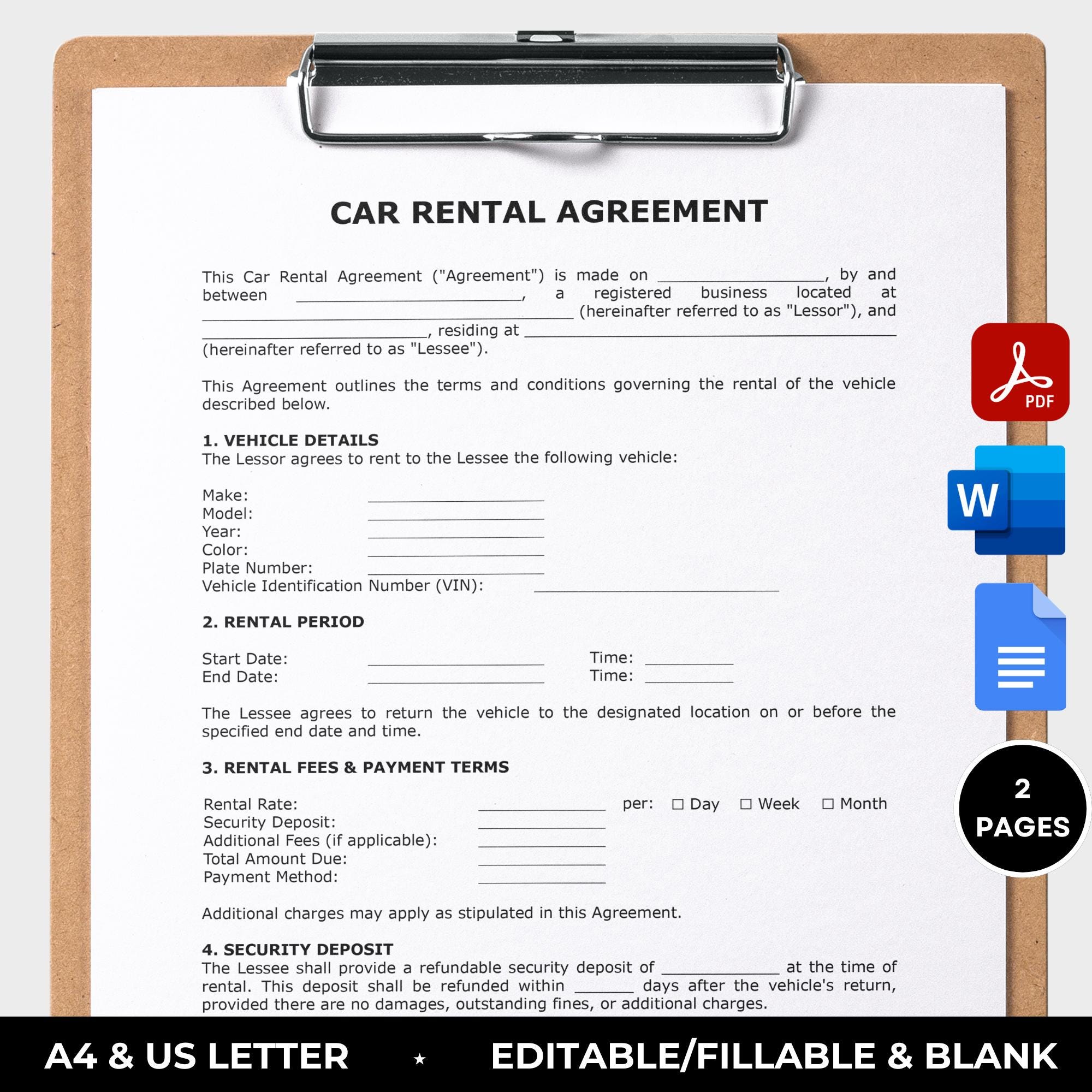 Car Rental Agreement Printable Vehicle Rental Agreement Vehicle Lease ...