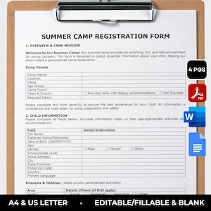 Kids Summer Camp Registration Form Template Printable Summer Camp Sign up Sheet Editable Camper ...