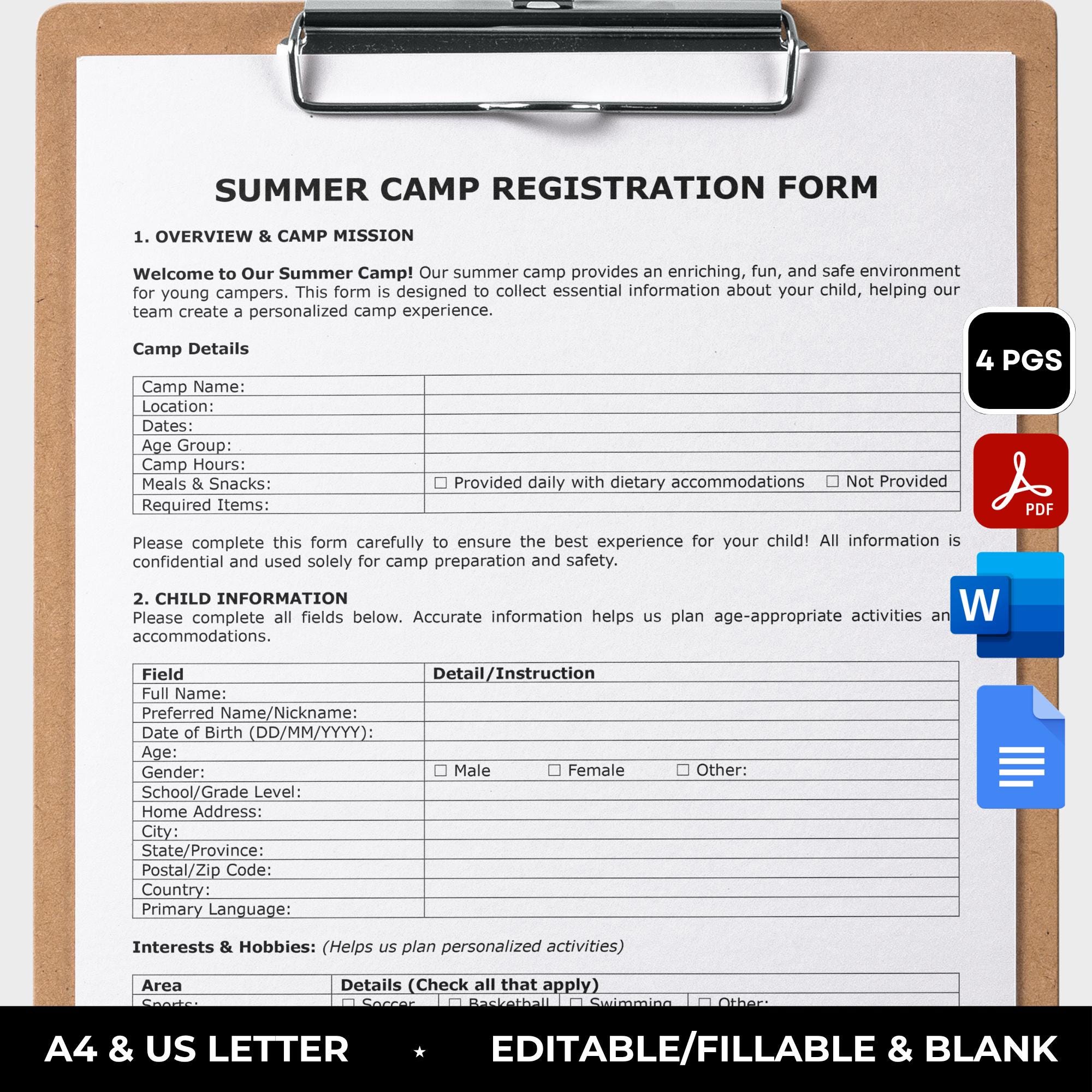 Kids Summer Camp Registration Form Template Printable Summer Camp Sign ...