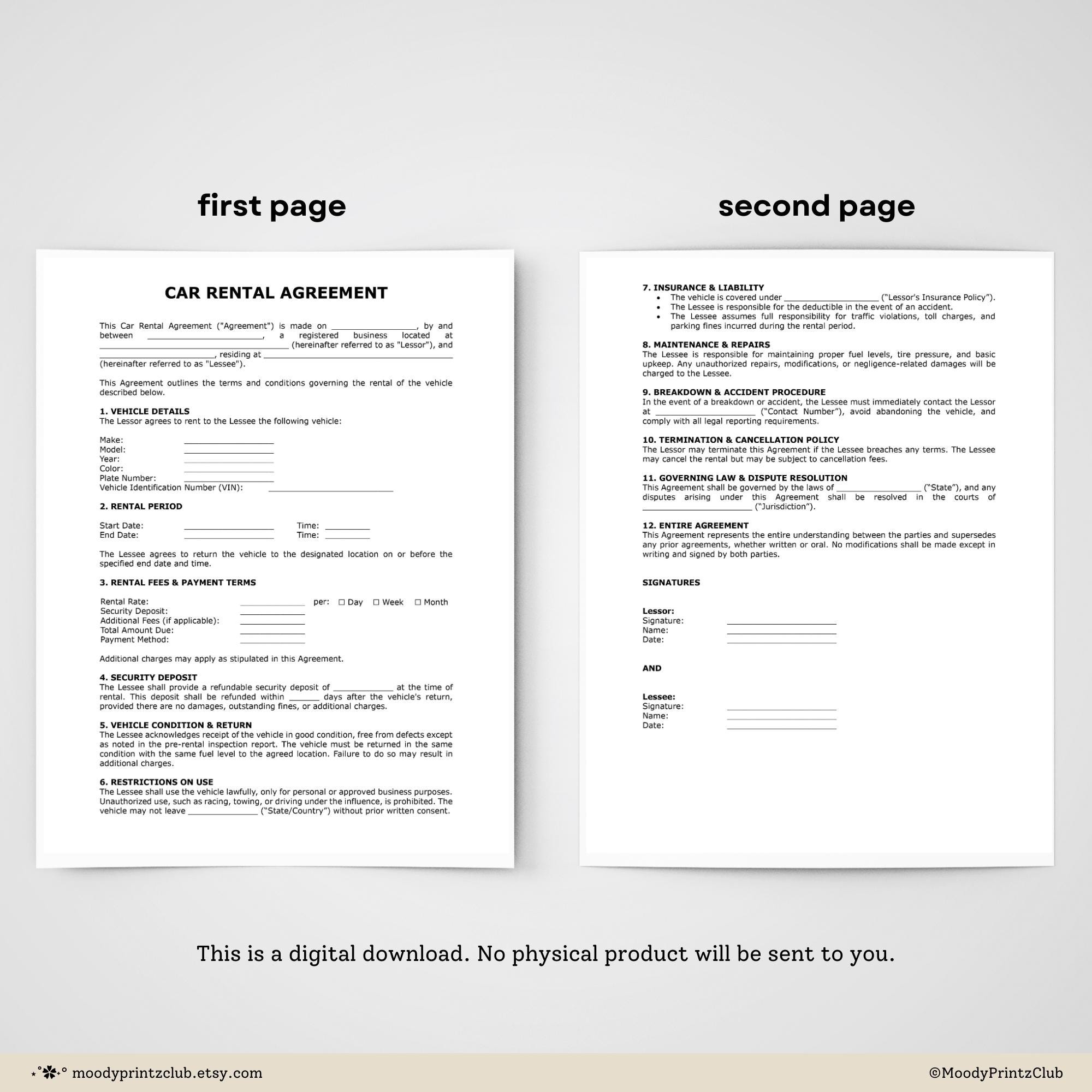 Car Rental Agreement Printable Vehicle Rental Agreement Vehicle Lease ...