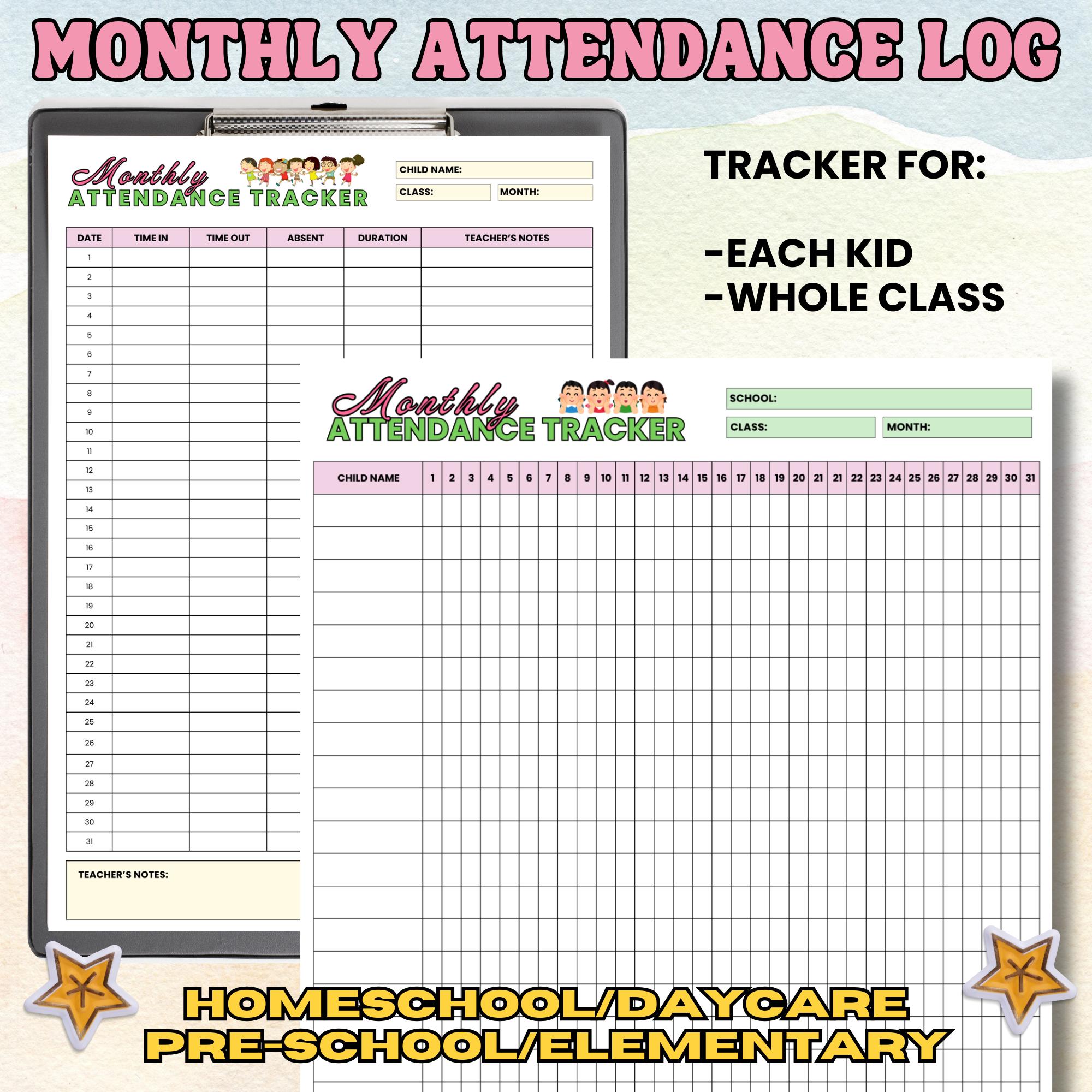 Homeschool Attendance Log Printable Monthly Teacher Attendance Tracker ...