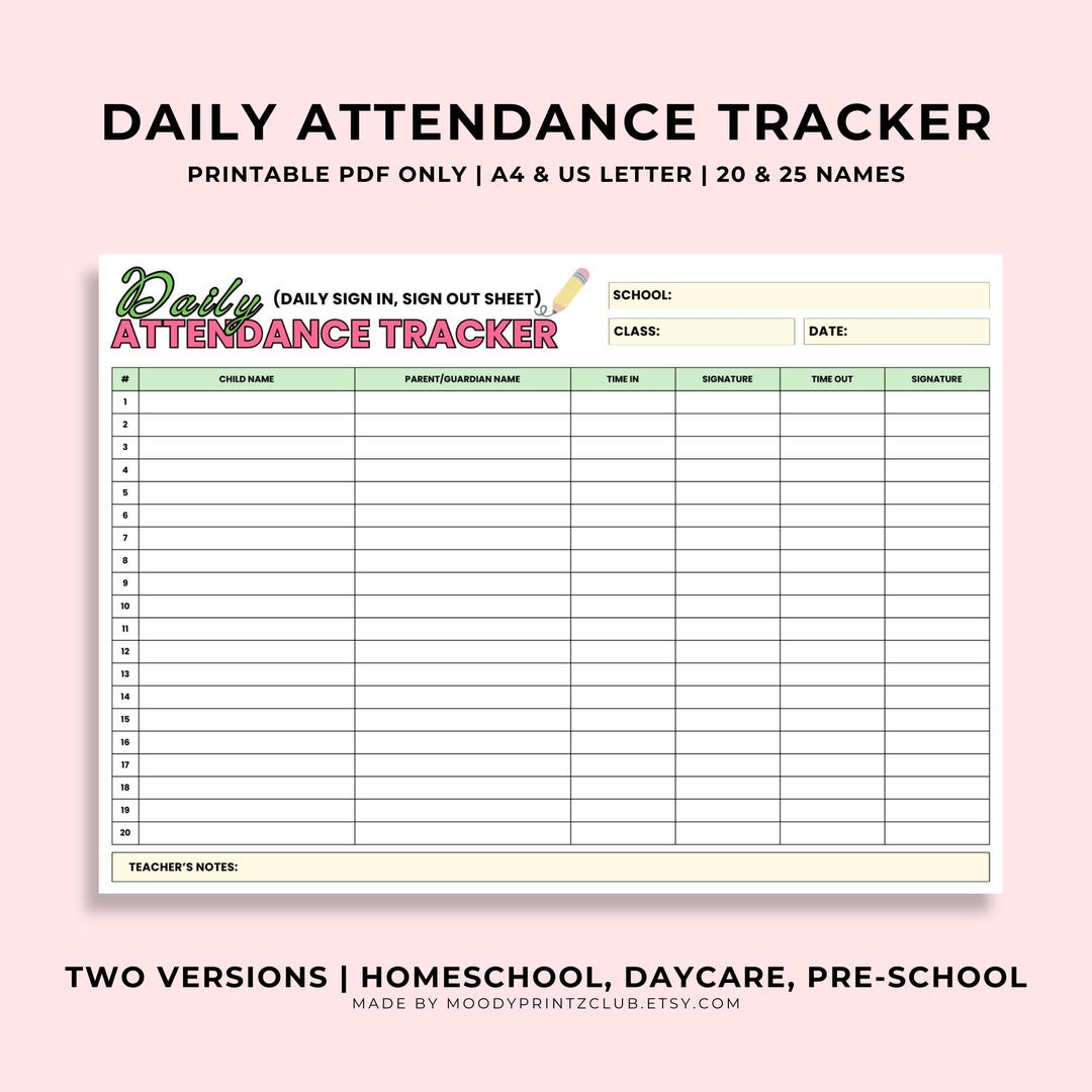 Homeschool Attendance Log Printable Daily Attendance Tracker School ...