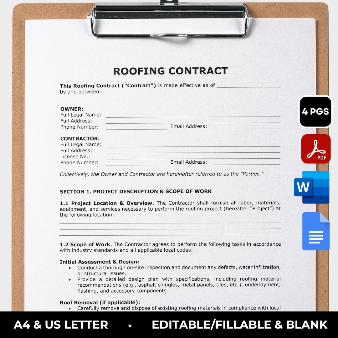 Roofing Contract Template Editable Roofing Agreement Roof Inspection ...
