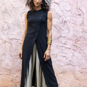 Women Black Tailored Tunic Dress, Evening A-line High Waist Mid Calf ...