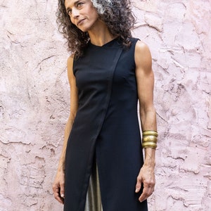 Women Black Tailored Tunic Dress, Evening A-line High Waist Mid Calf ...