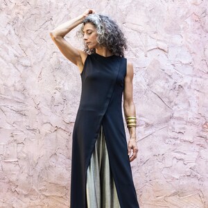 Women Black Tailored Tunic Dress, Evening A-line High Waist Mid Calf ...