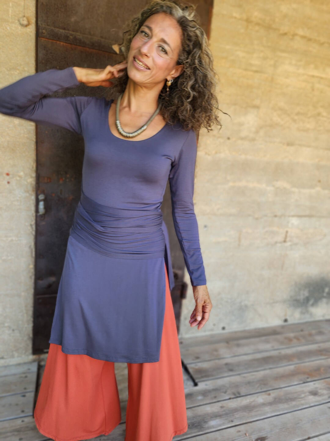 Tibetan Gray Wrap Tunic, Long Sleeve Round Neck Tunic Top, Hippie ...