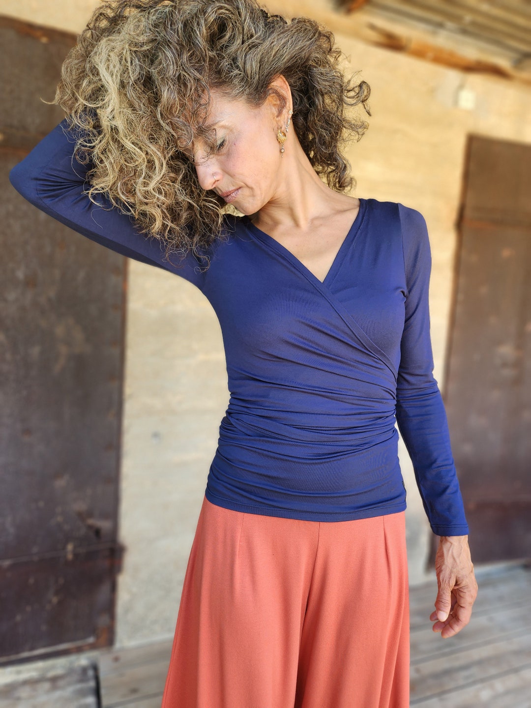 Navy Blue Wrap Top Multiway Wear Snug Fitted, Long Sleeves Everyday ...