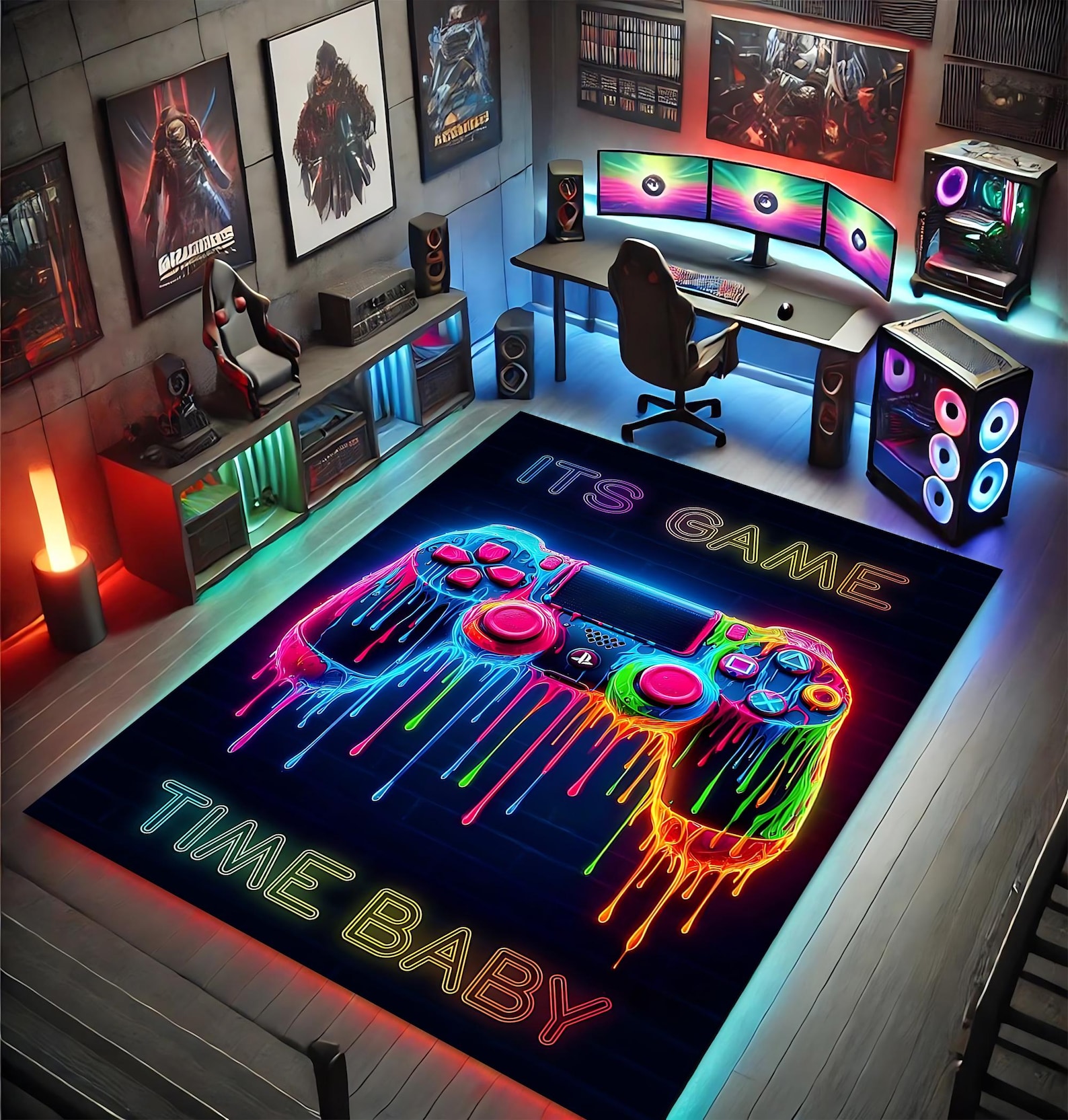 Neon Geometric Gamer Rug, Gaming Room Carpet, Playroom or Esports Setup ...