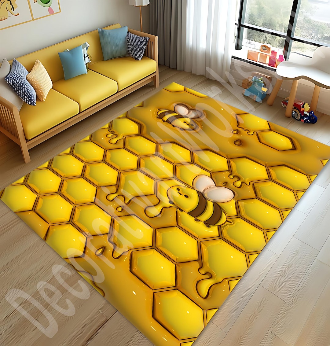 Bee and Honeycomb Rug, Cute Area Rug, Yellow Playroom Mat, Unique Gift ...