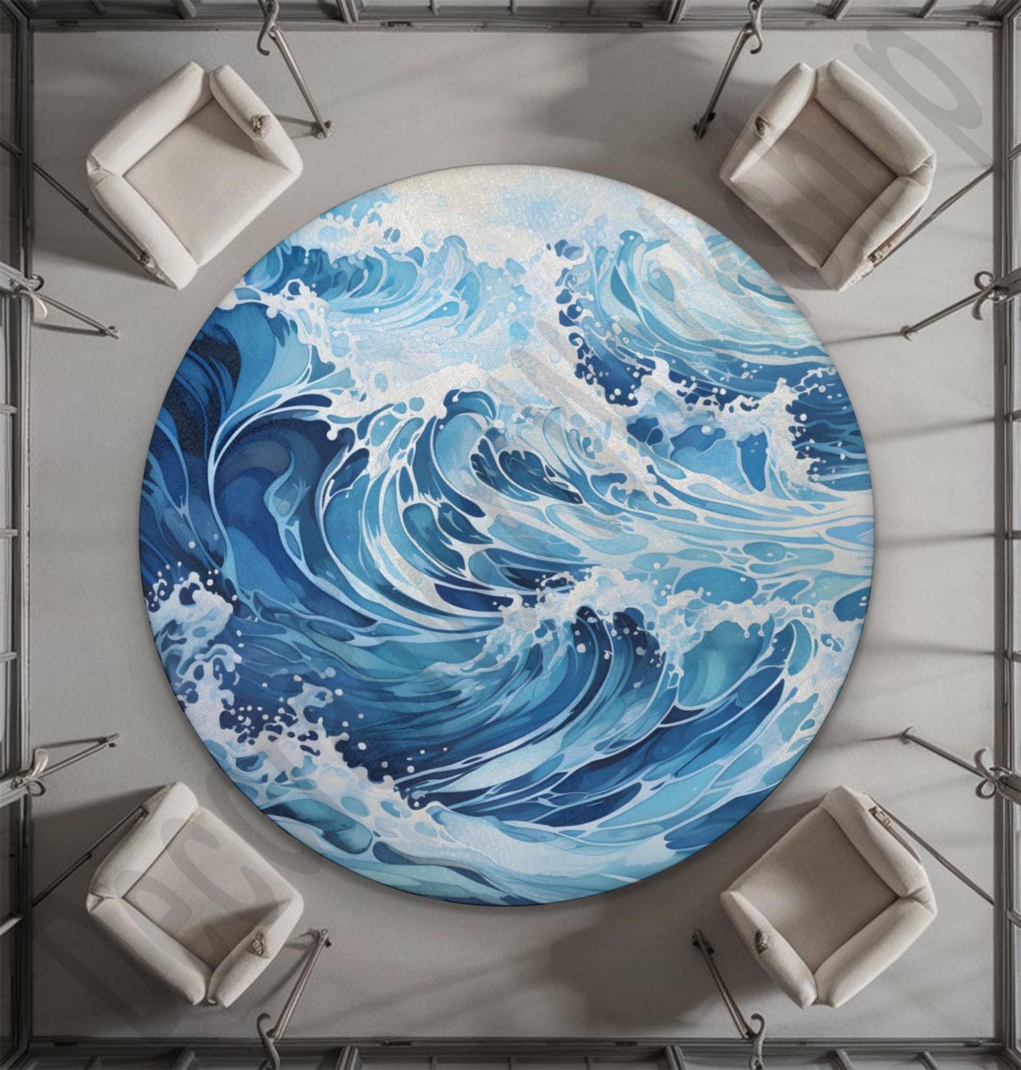 Round Ocean Wave Rug, Personalized Sea Rug, Washable Beach Carpet ...