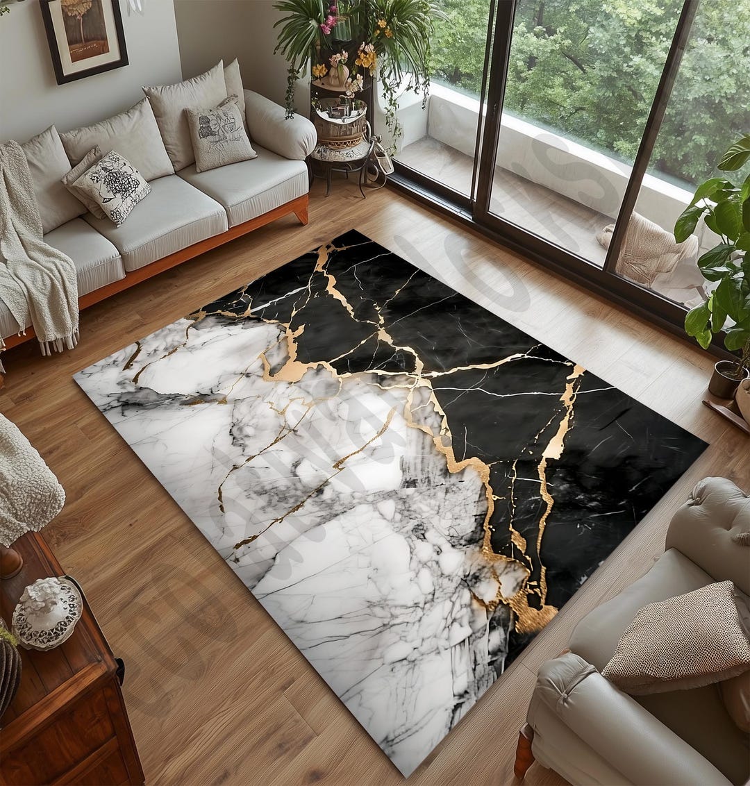Marble Rug, Black White and Gold Marble Rug, Marble Rug, Decor Marble ...