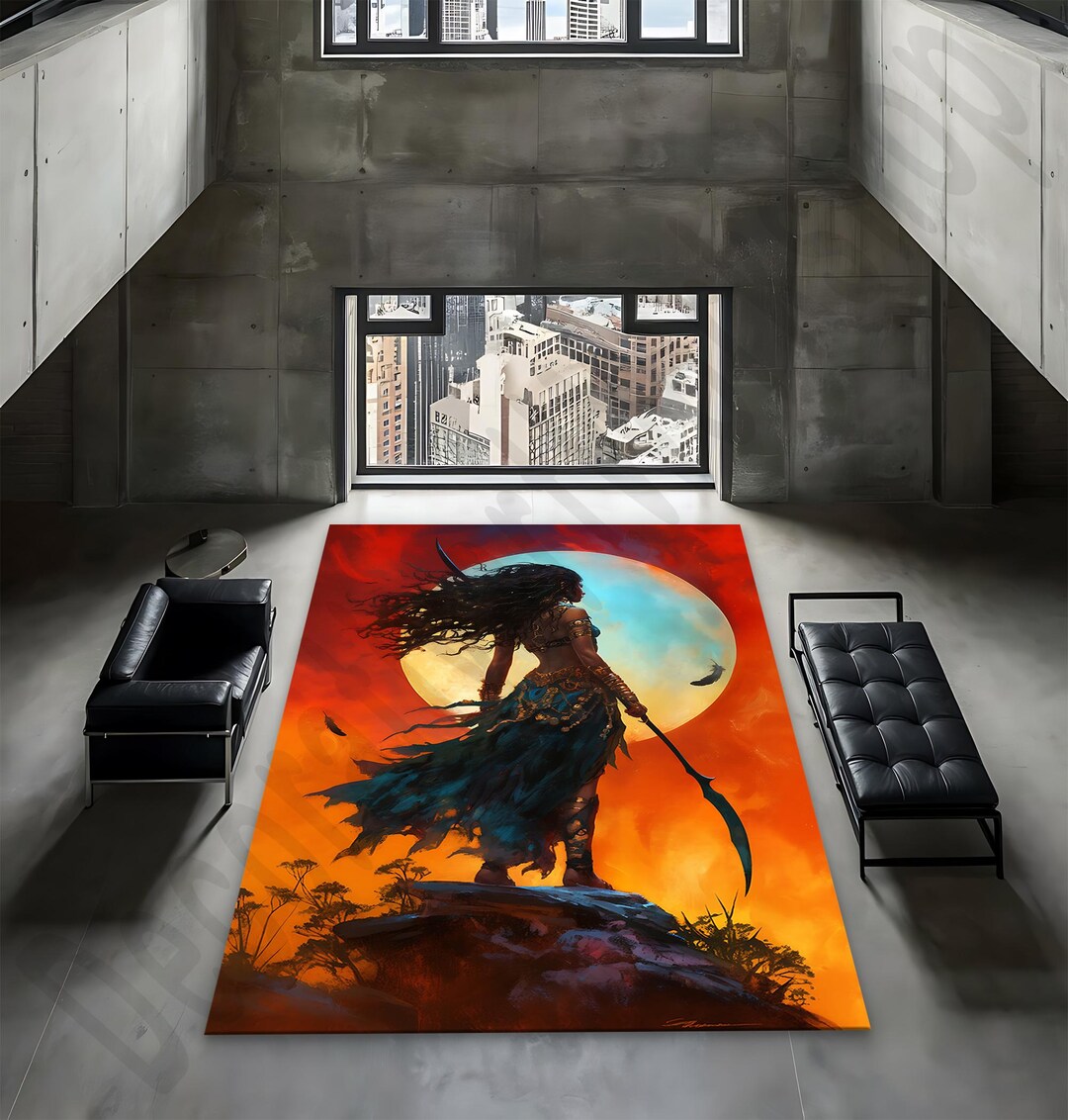 Fantasy Warrior Area Rug, Epic Battle Art Carpet, Mythical Goddess ...
