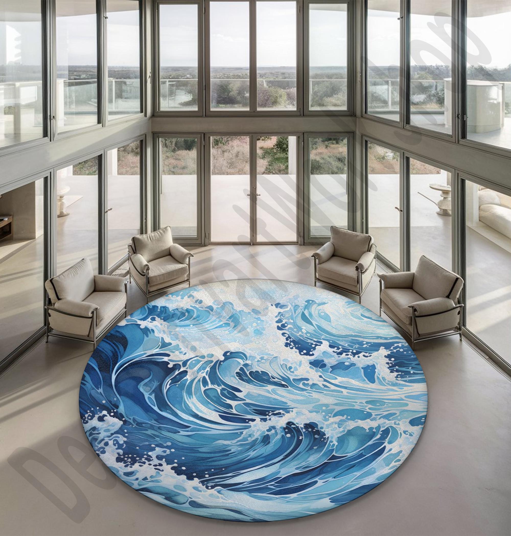 Round Ocean Wave Rug, Personalized Sea Rug, Washable Beach Carpet ...