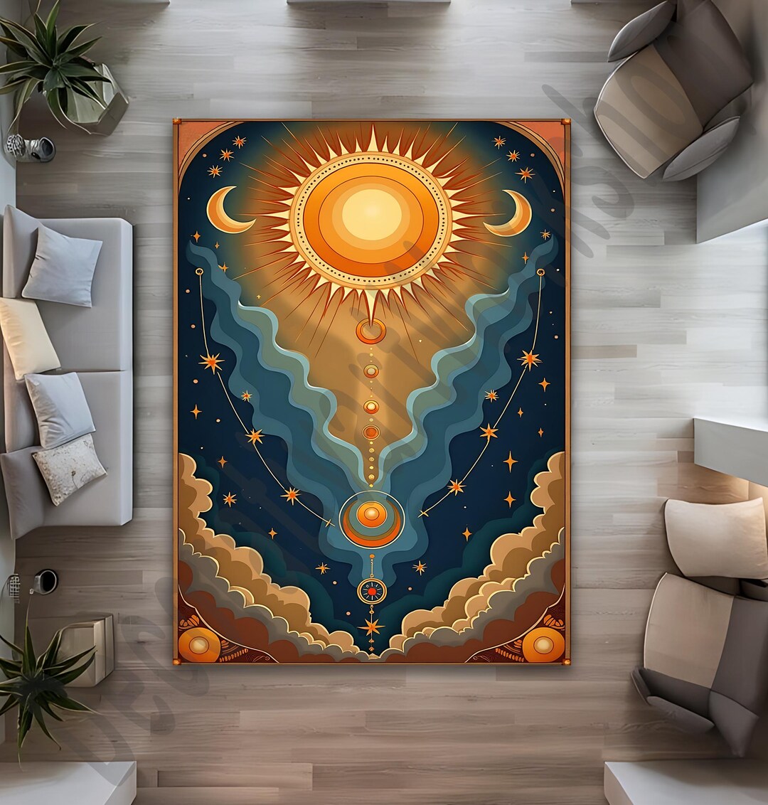 Celestial Sun and Moon Area Rug, Starry Night Sky Rug, Mystical Boho ...