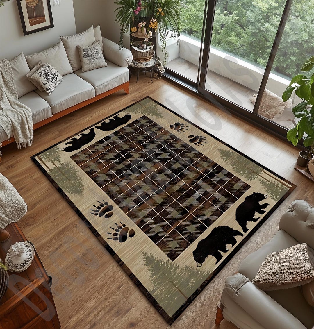 Rustic Bear Cabin Rug, Washable Lodge Decor for Woodland Home Decor - Etsy