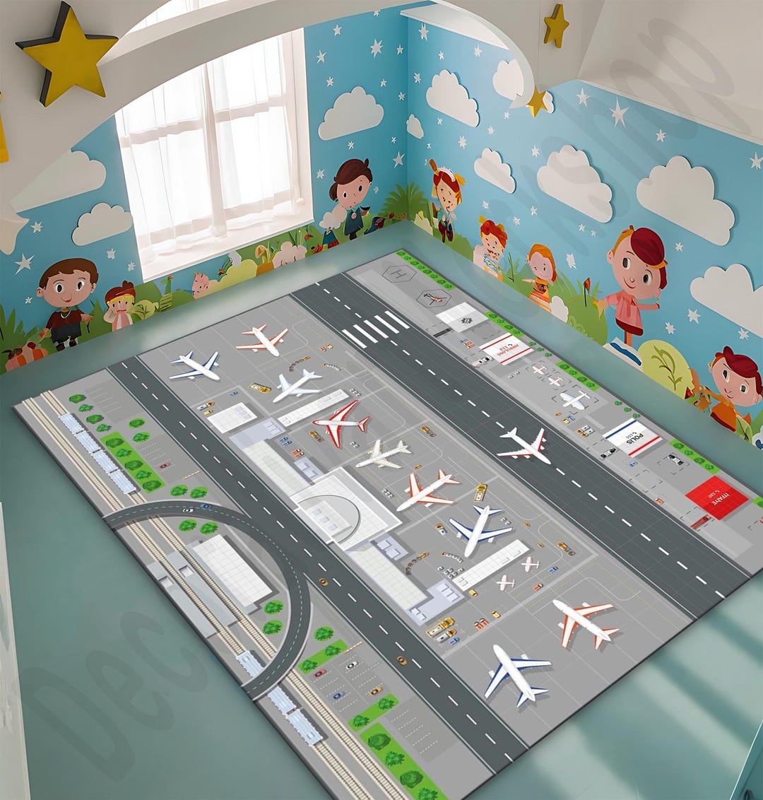 Airport Theme Kids Rug, Airplane Play Mat Carpet, Washable Non Slip ...