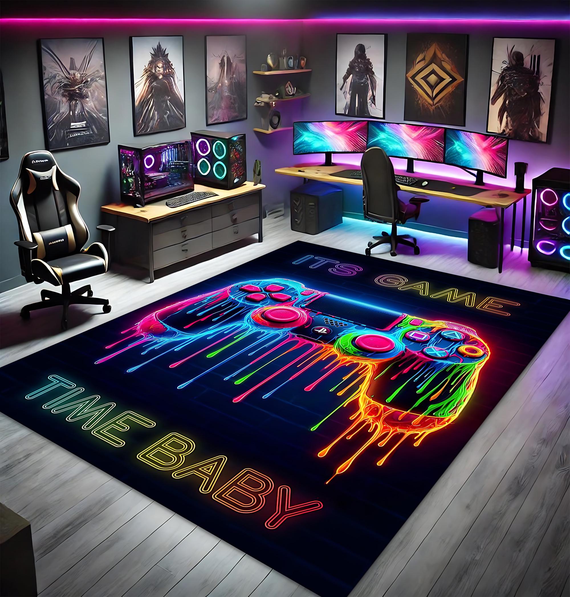 Neon Geometric Gamer Rug, Gaming Room Carpet, Playroom or Esports Setup ...