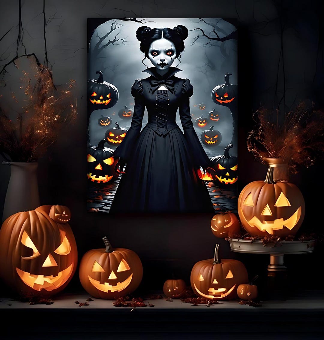 Creepy Doll and Jack-o'lanterns Canvas Dark Gothic Girl Canvas, Haunted ...