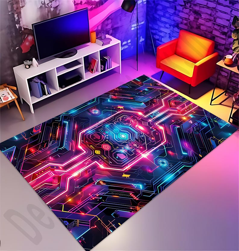 Gamer Rug, Cyberpunk Neon Gaming Room Carpet, Cool Geometric Design ...