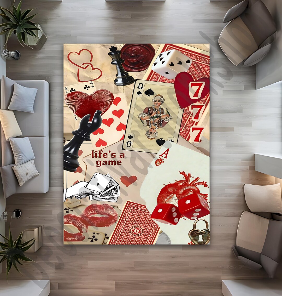 Vintage Casino Theme Rug, Playing Cards & Dice Carpet, Poker Gambler ...