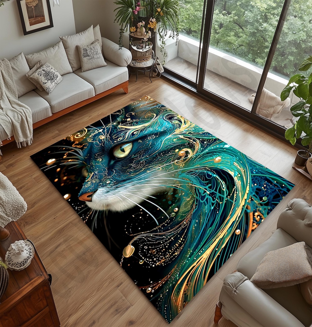Artistic Cat Area Rug, Blue Cat Design Rug, Large Living Room Carpet ...