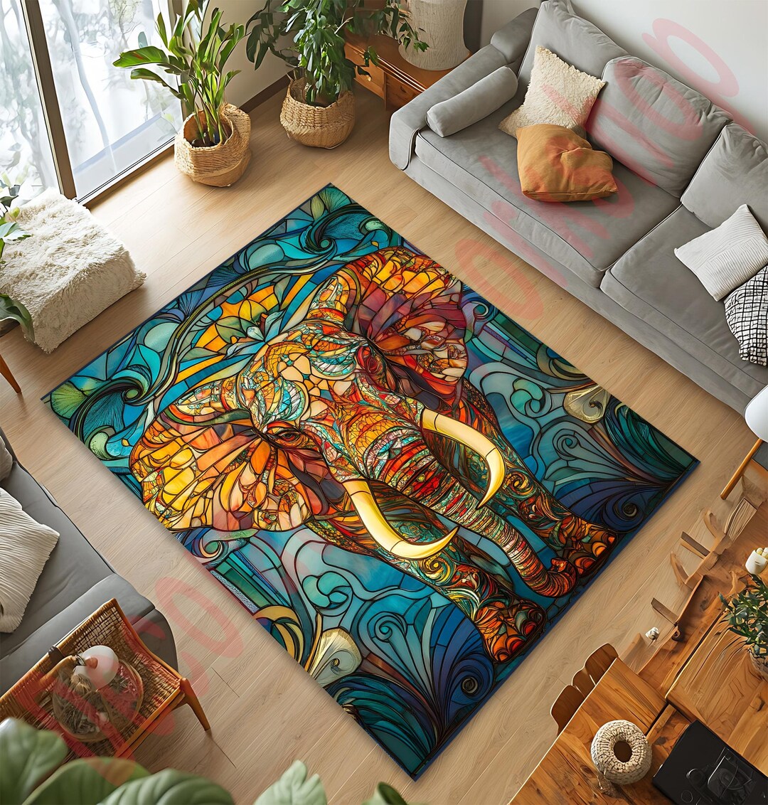 Stained Glass Elephant Area Rug, Vibrant Animal Floor Art, Boho Living ...