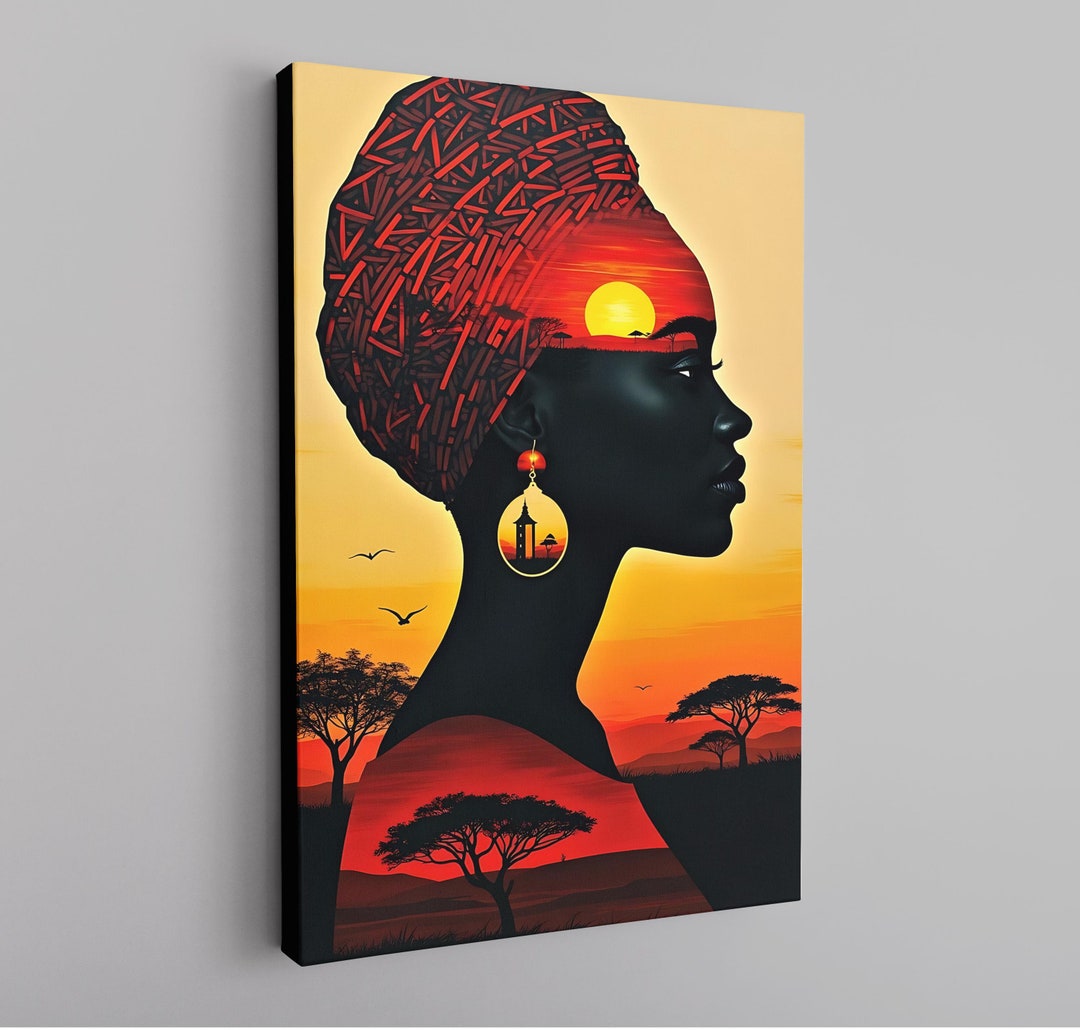 African Sunset Silhouette Wall Art, Afrocentric Canvas Decor, Gift for ...