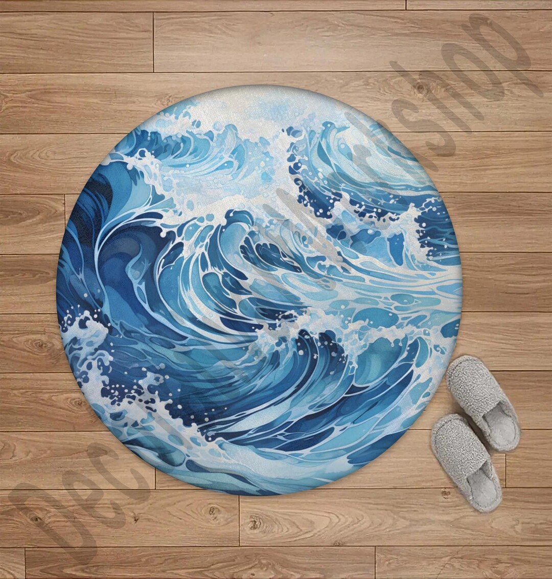 Round Ocean Wave Rug, Personalized Sea Rug, Washable Beach Carpet ...