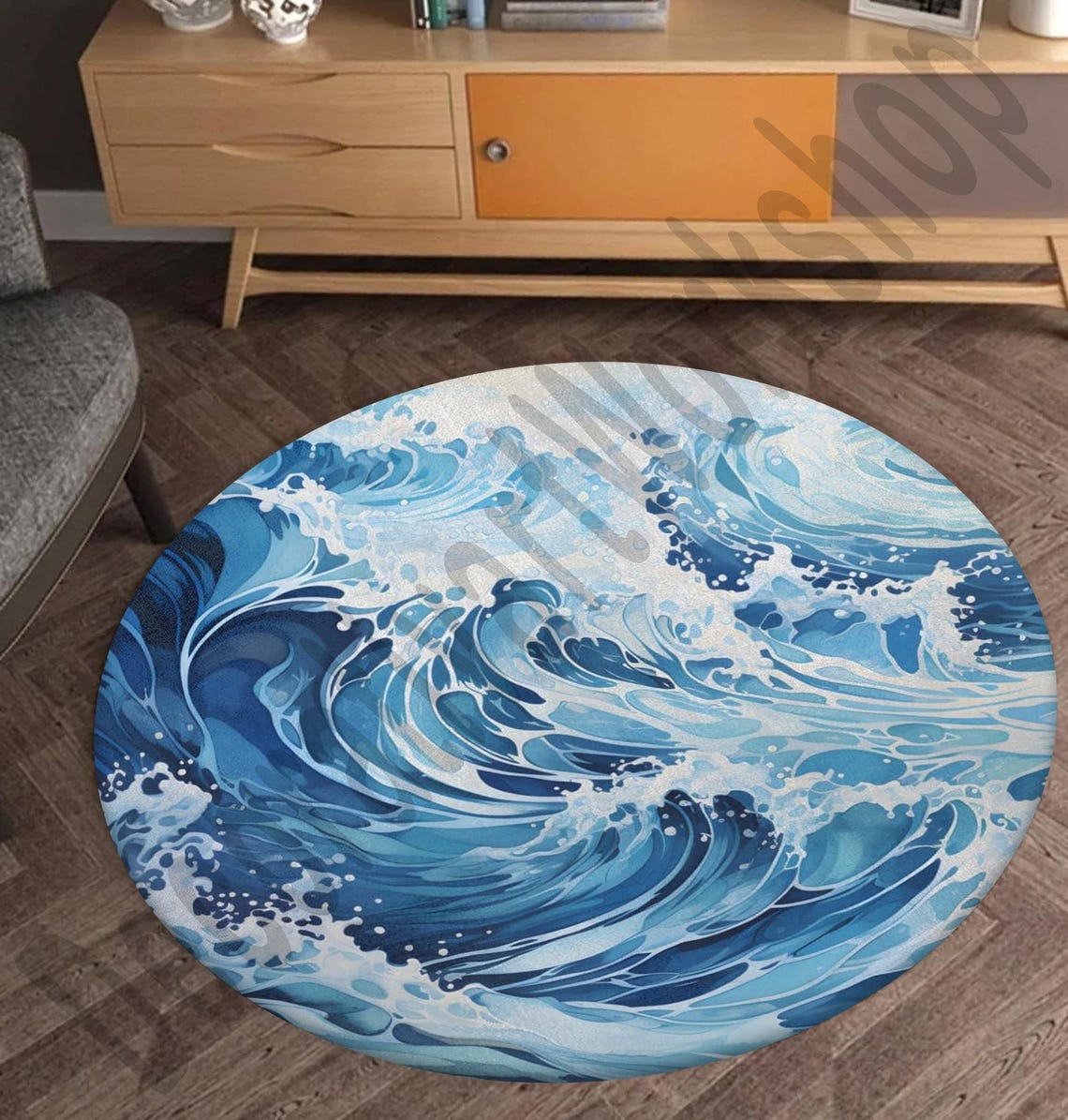 Round Ocean Wave Rug, Personalized Sea Rug, Washable Beach Carpet ...