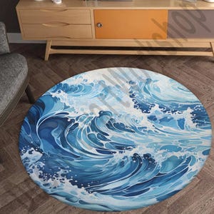 Round Ocean Wave Rug, Personalized Sea Rug, Washable Beach Carpet ...