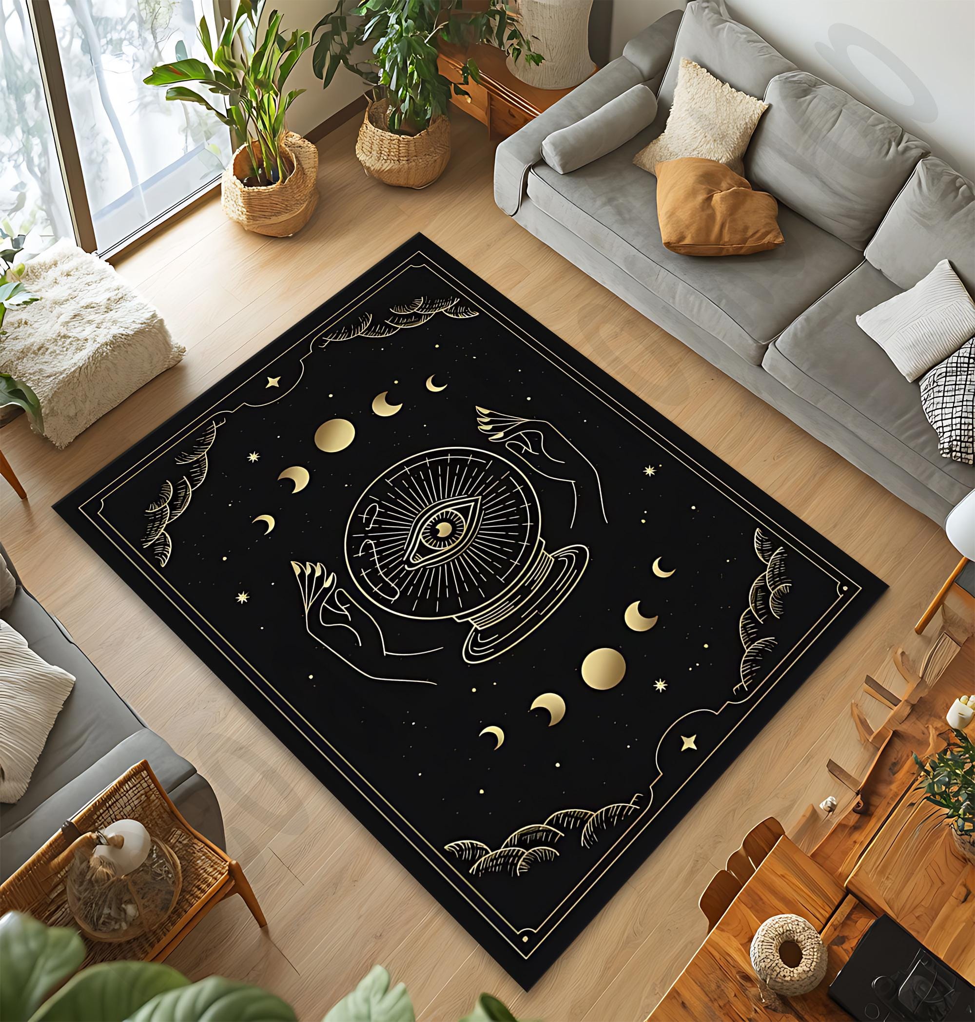 Dark Theme Rug, Tarot Rug, Celestial Crystal Ball Rug, Black Gold Rug ...