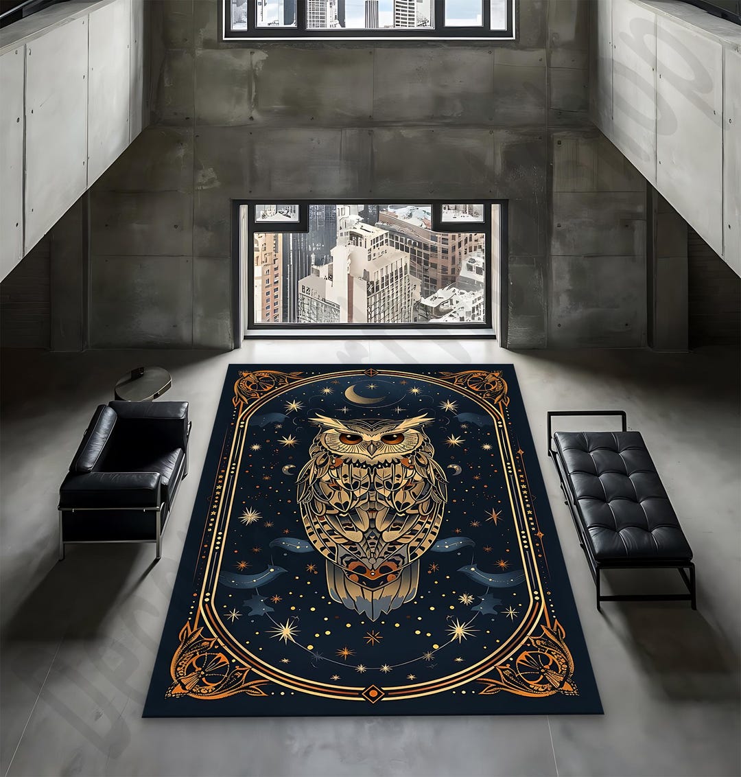 Celestial Owl Rug, Mystical Night Sky Carpet, Whimsical Owl Rug, Rustic ...