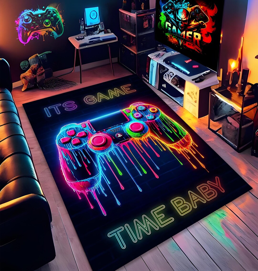 Neon Geometric Gamer Rug, Gaming Room Carpet, Playroom or Esports Setup ...