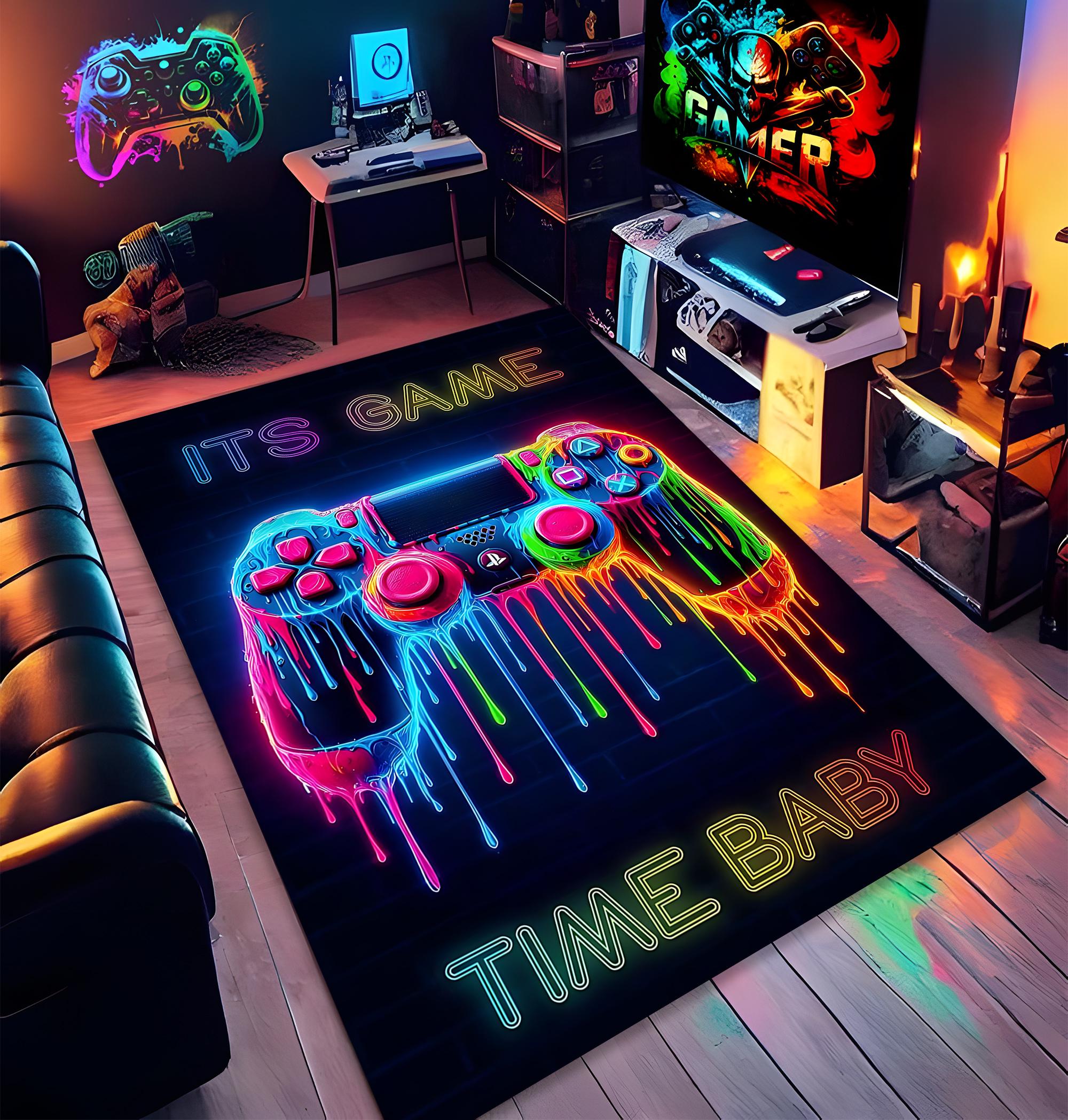 Neon Geometric Gamer Rug, Gaming Room Carpet, Playroom or Esports Setup ...