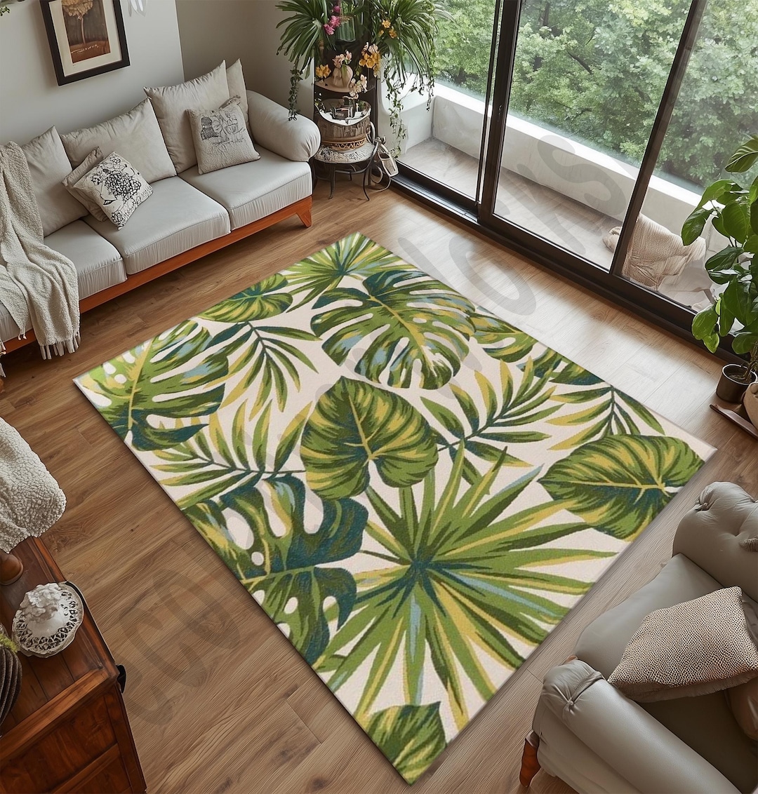 Tropical Leaf Rug Botanical Print Area Carpet Green Palm Leaf Jungle ...