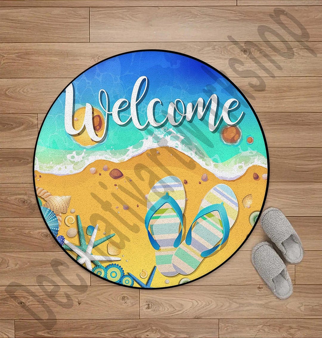 Beach Welcome Rug Summer Flip Flop Doormat Coastal Round Entryway Mat ...